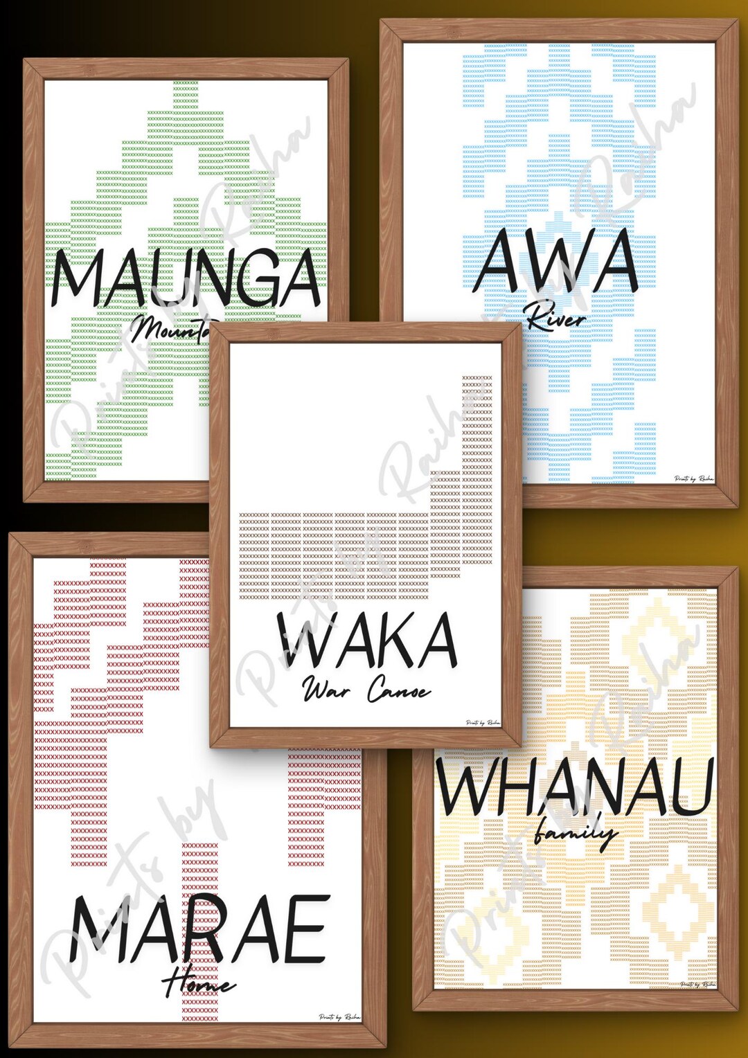 Unique Maori Prints, Set of 5 Awa Whanau Maunga Marae Waka, Home Decor ...