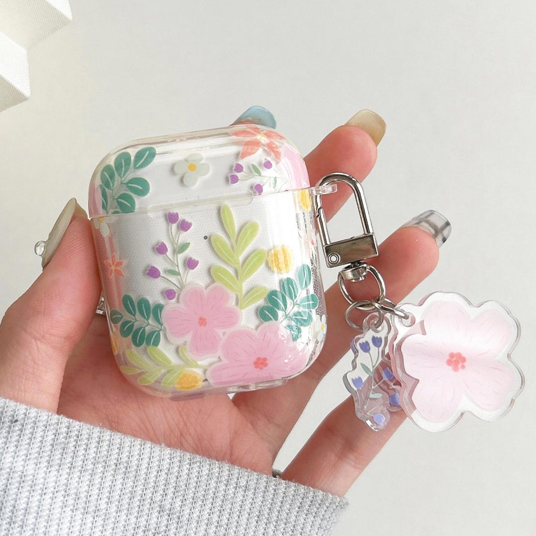 Pink and Green Floral Pattern Flower Clear AirPod Case With Keychain ...