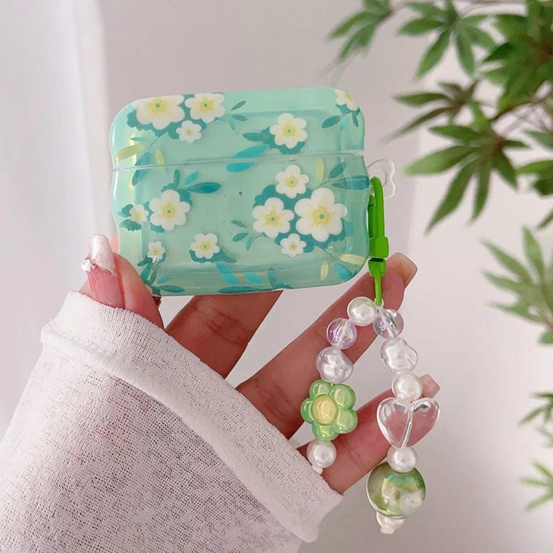 Cute White Floral Blue Green Flower Silicone AirPod Case With Bead ...