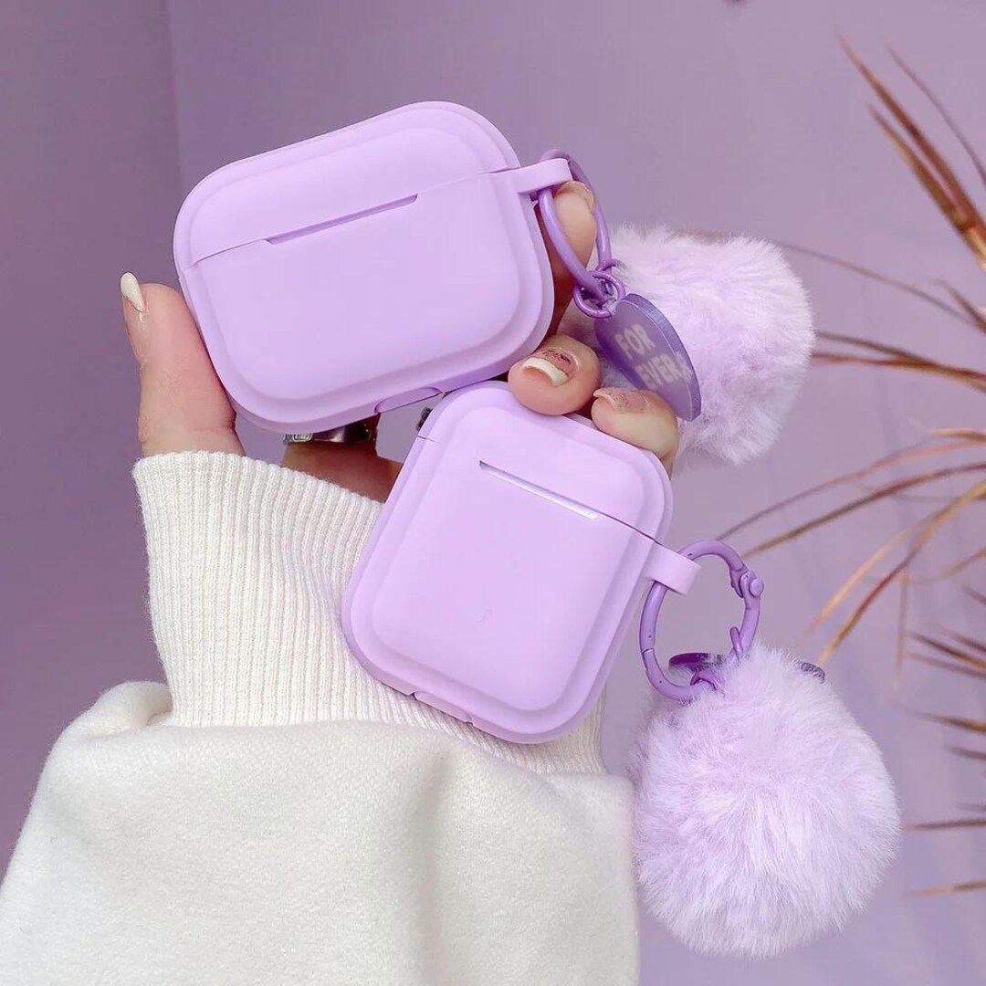 Matte Purple Soft Silicone AirPod Case Cover With Plush Ball Keychain ...