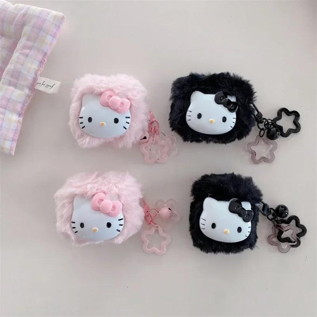 Cute Hello Kitty Sanrio Faux Fur Black Pink AirPod Case With Star ...