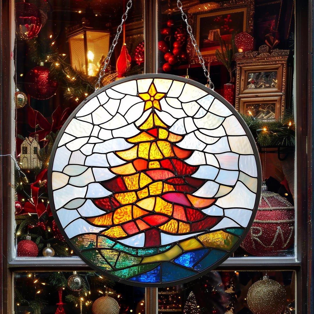 SALE 50% Christmas Tree Stained GLASS SUNCATCHER Christmas Tree Decor ...