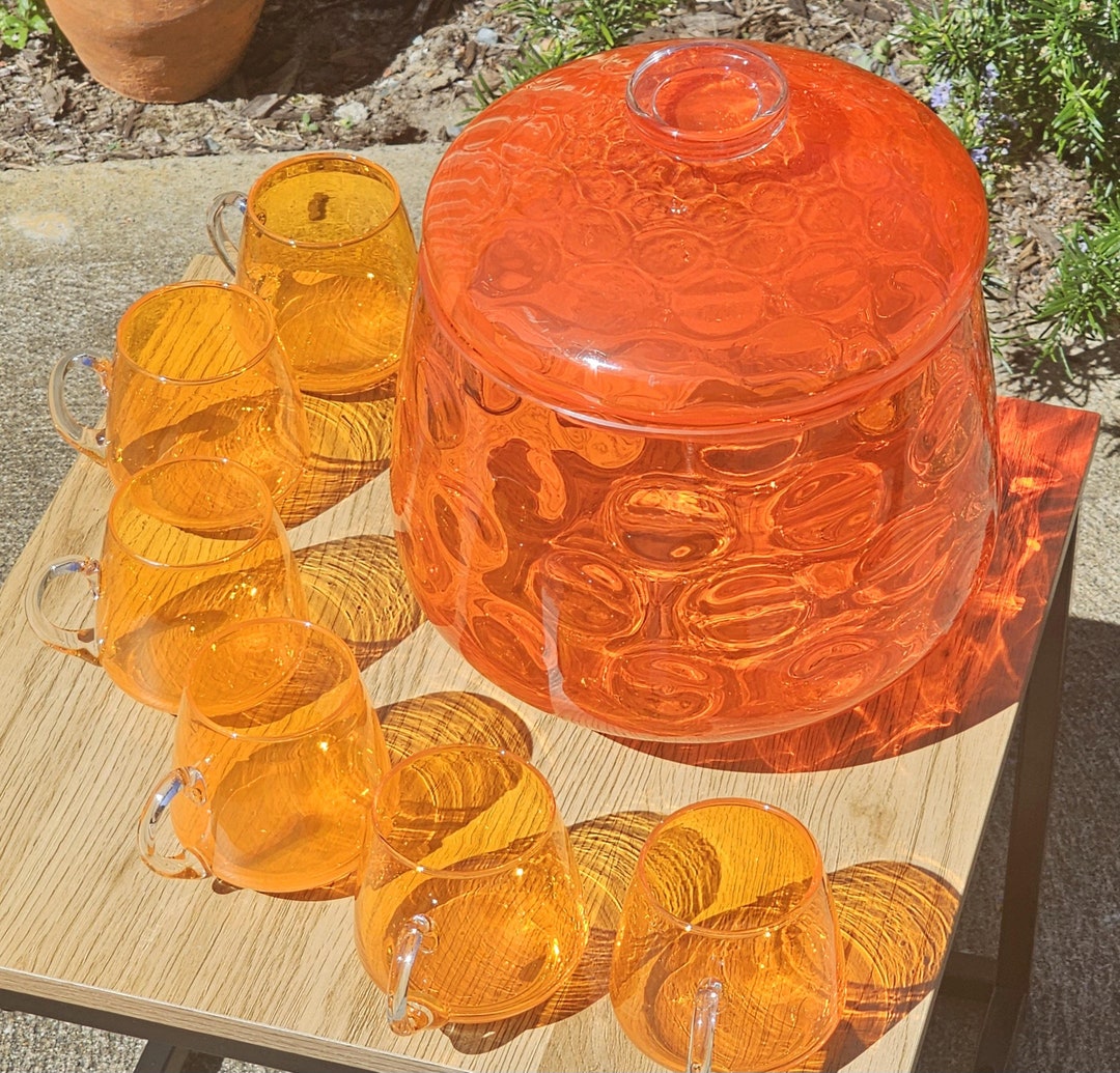 Vintage Retro Italian Orange Art Glass Empoli Punch Bowl Set - Etsy