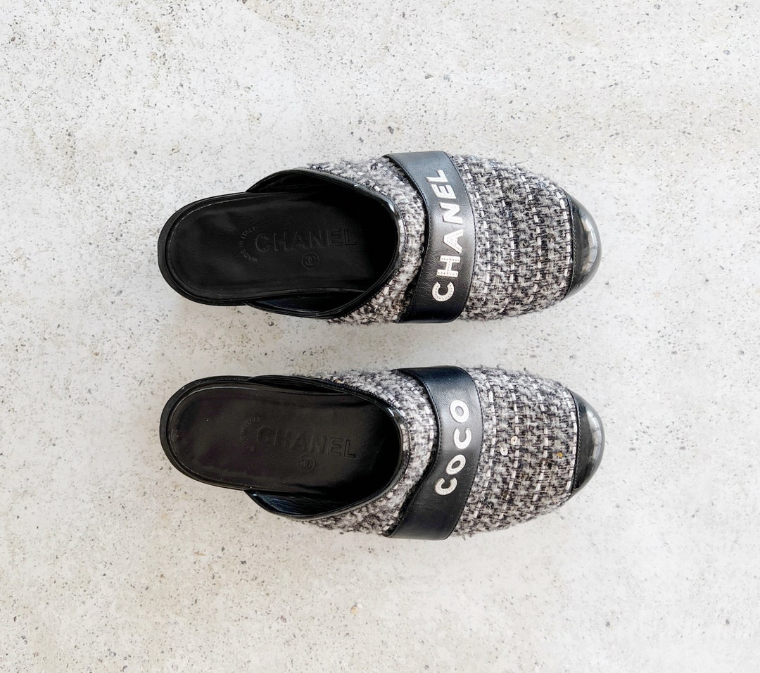 Vintage Shoes | CHANEL Coco Tweed Fantasy Knit Woven Clogs Mules Slides ...