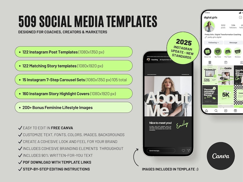 Instagram Templates Canva Bundle Neon Green Social Media Marketing Kit ...
