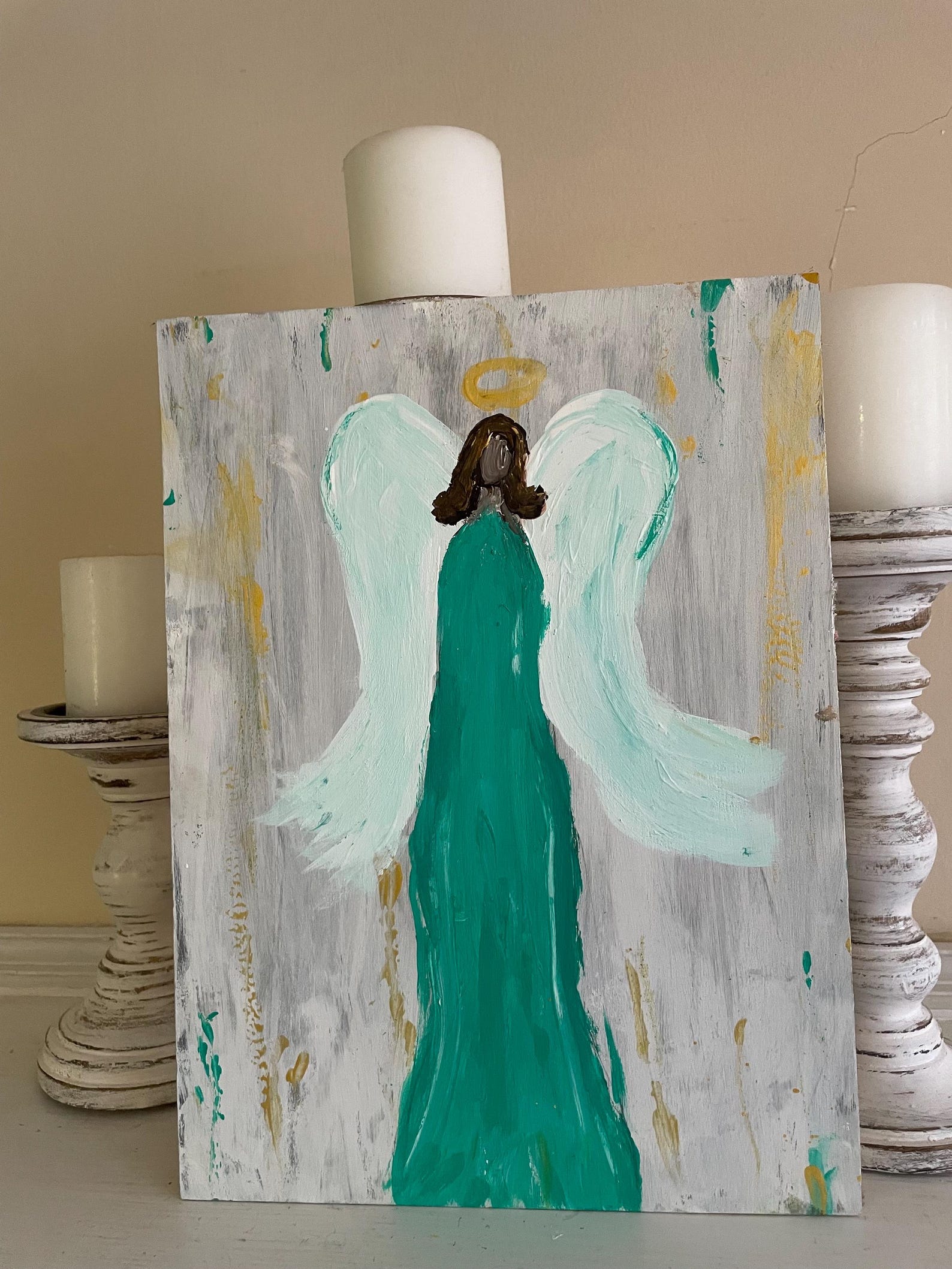 Acrylic Handpainted Emerald Angel - Painted on Wood Canvas With ...