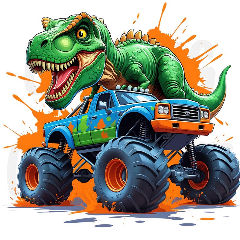 Dinosaur Monster Truck SVG, T Rex Clipart PNG, Cartoon Vector for Boys ...