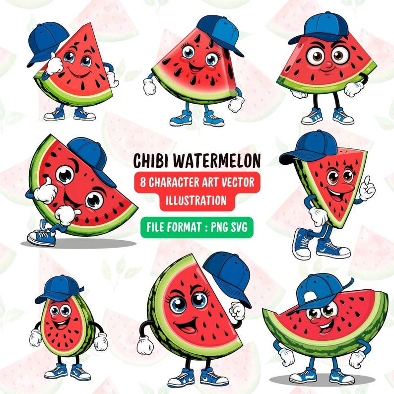 Cute Chibi Watermelon Fruit Vector Bundle - 8 Adorable Character ...