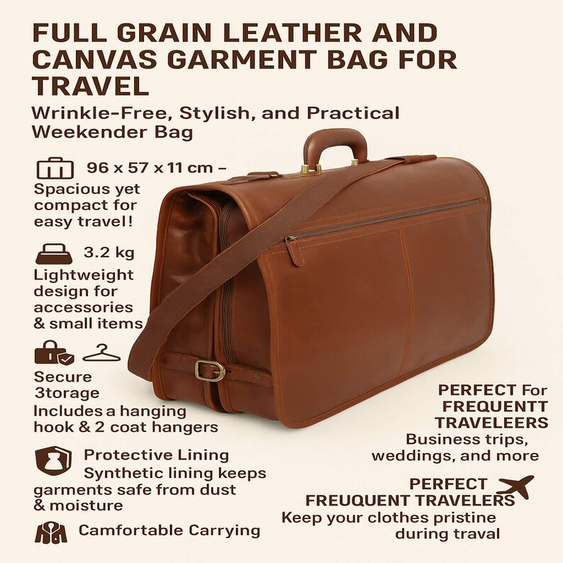 Full Grain Leather and Canvas Garment Bag for Travel - Wrinkle-free ...