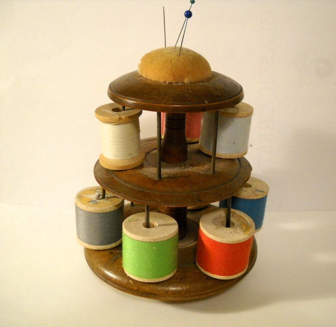 Antique 19th Century Sewing Thread Spool Holder Pin Cushion Caddy ...