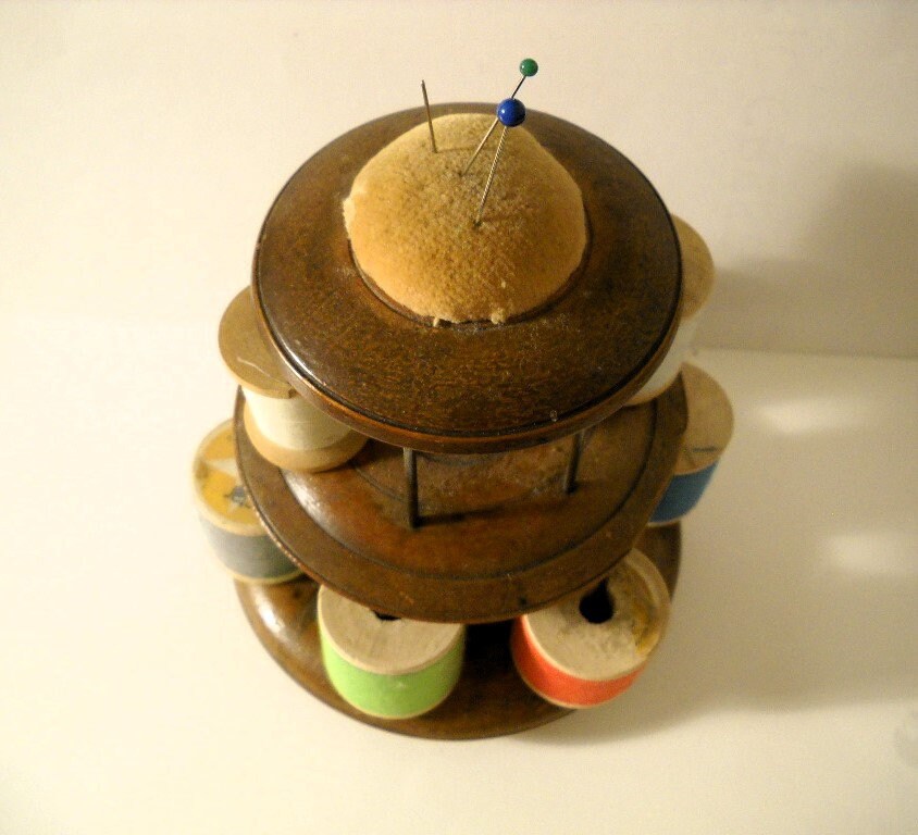 Antique 19th Century Sewing Thread Spool Holder Pin Cushion Caddy ...