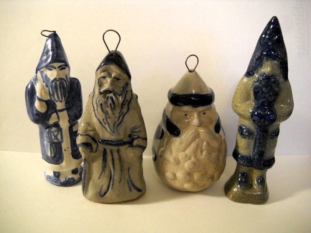 Lot 4 Salt Glazed Santas Art Pottery Gray & Blue Ornaments BBP Figurine ...
