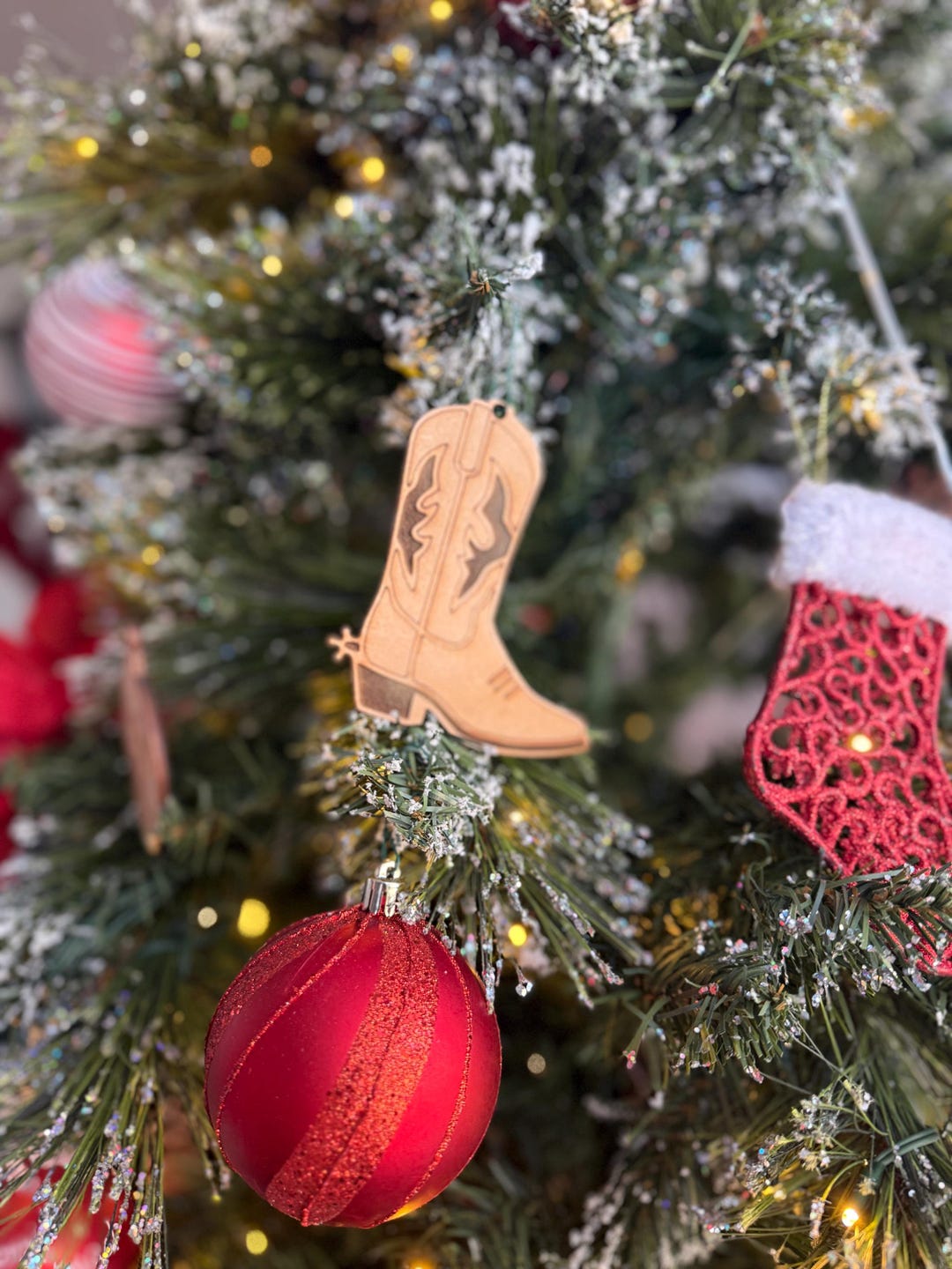 Cowboy Boots Ornament, Laser Engraved Wooden Christmas Decor, Rustic ...