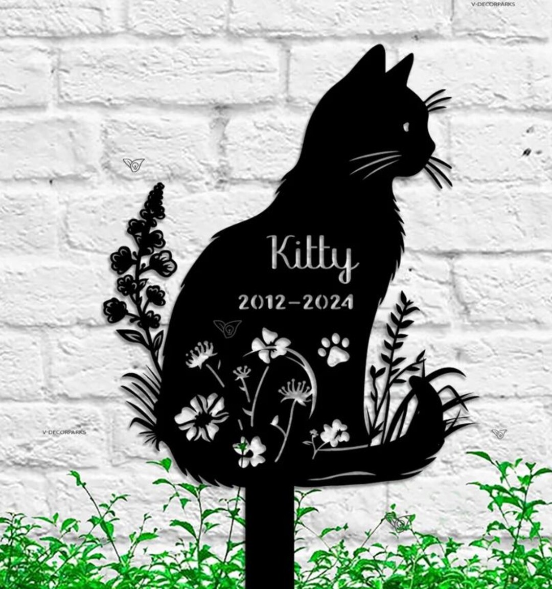 Personalized Metal Cat Grave Marker, Cat Memorial Stake With Floral ...