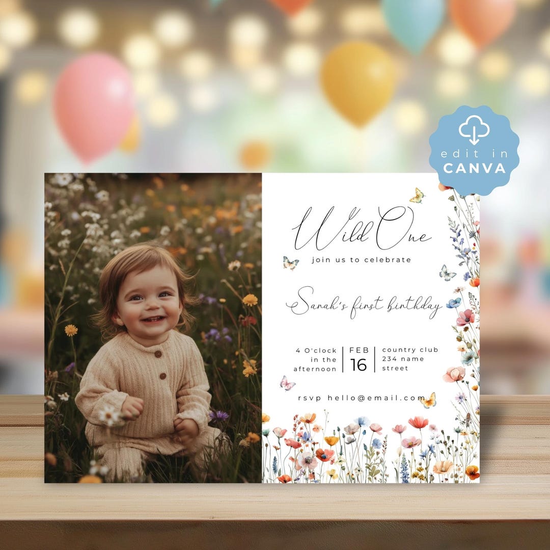 Wild One Birthday Invite With Photo, Digital Download, Editable 1st ...