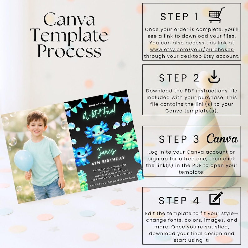 Axolotl Birthday Invitation for Boys With Photo, Neon Colors, Editable ...