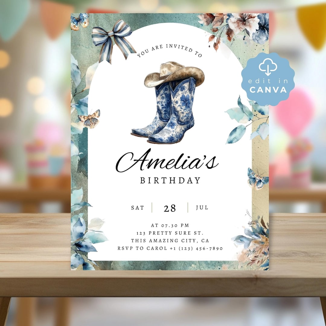 Blue Cowboy Boot Invitation, Digital Western Party Invite, Editable ...