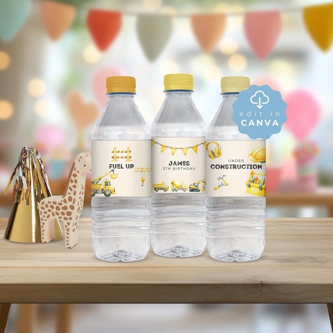Construction Party Waterbottle Labels, Editable Template, Digital ...