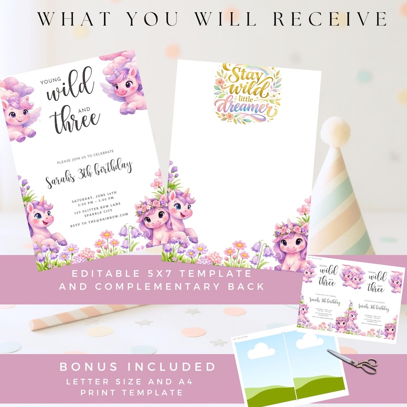 Unicorn Birthday Invitation Three - Editable Digital Download Template ...