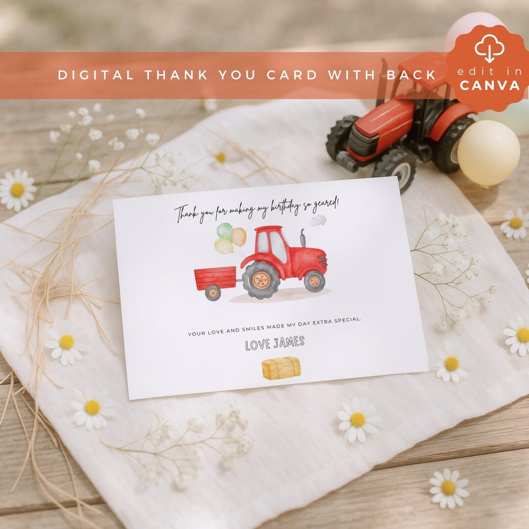 Tractor Thank You Card With Photo, Editable Farm Birthday Note, Digital ...
