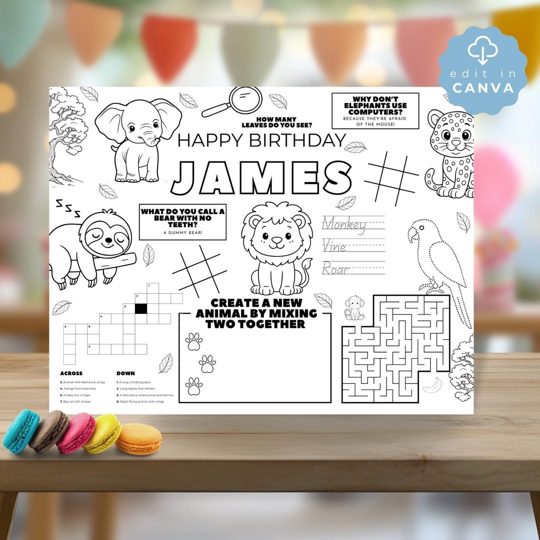 Safari Coloring Placemat Digital, Kids Activity Sheet, Editable ...