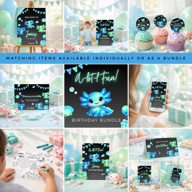 Axolotl Birthday Welcome Sign, Blue and Green Neon Colors, Editable ...