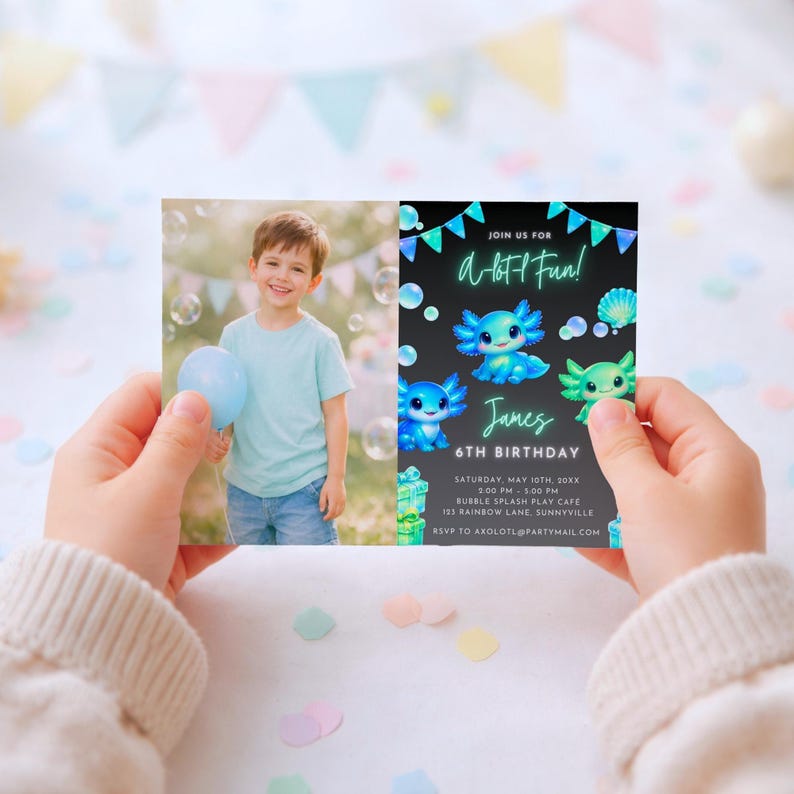 Axolotl Birthday Invitation for Boys With Photo, Neon Colors, Editable ...