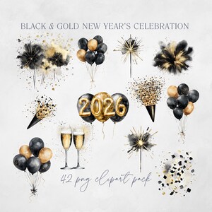 Happy New Year Clipart Black and Gold 2026, Watercolor New Years Eve ...