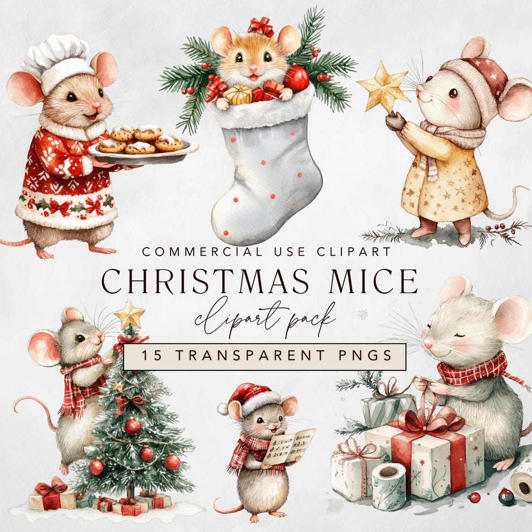 Watercolor Christmas Mouse Clipart, Cute Holiday Mice Doing Winter ...