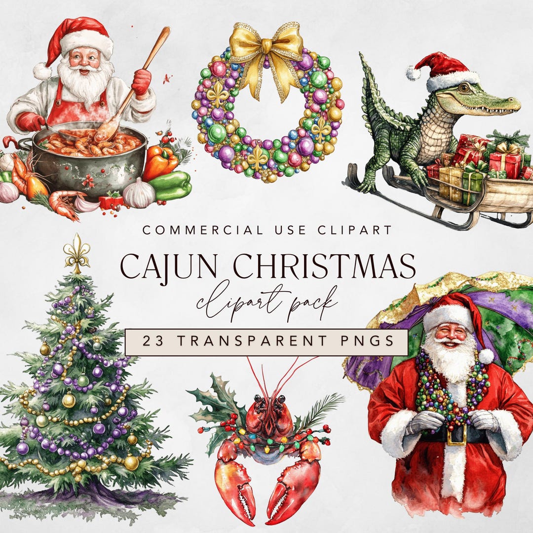 Cajun Christmas Clipart, Watercolor Cajun Santa and Alligator Clip Art ...