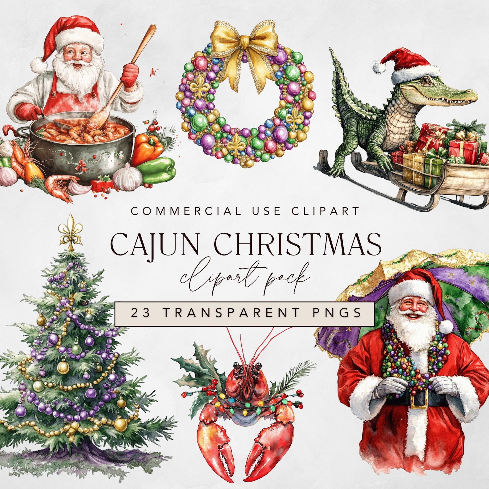 Cajun Christmas Clipart, Watercolor Cajun Santa and Alligator Clip Art ...