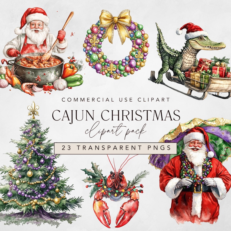Cajun Christmas Clipart, Watercolor Cajun Santa and Alligator Clip Art ...