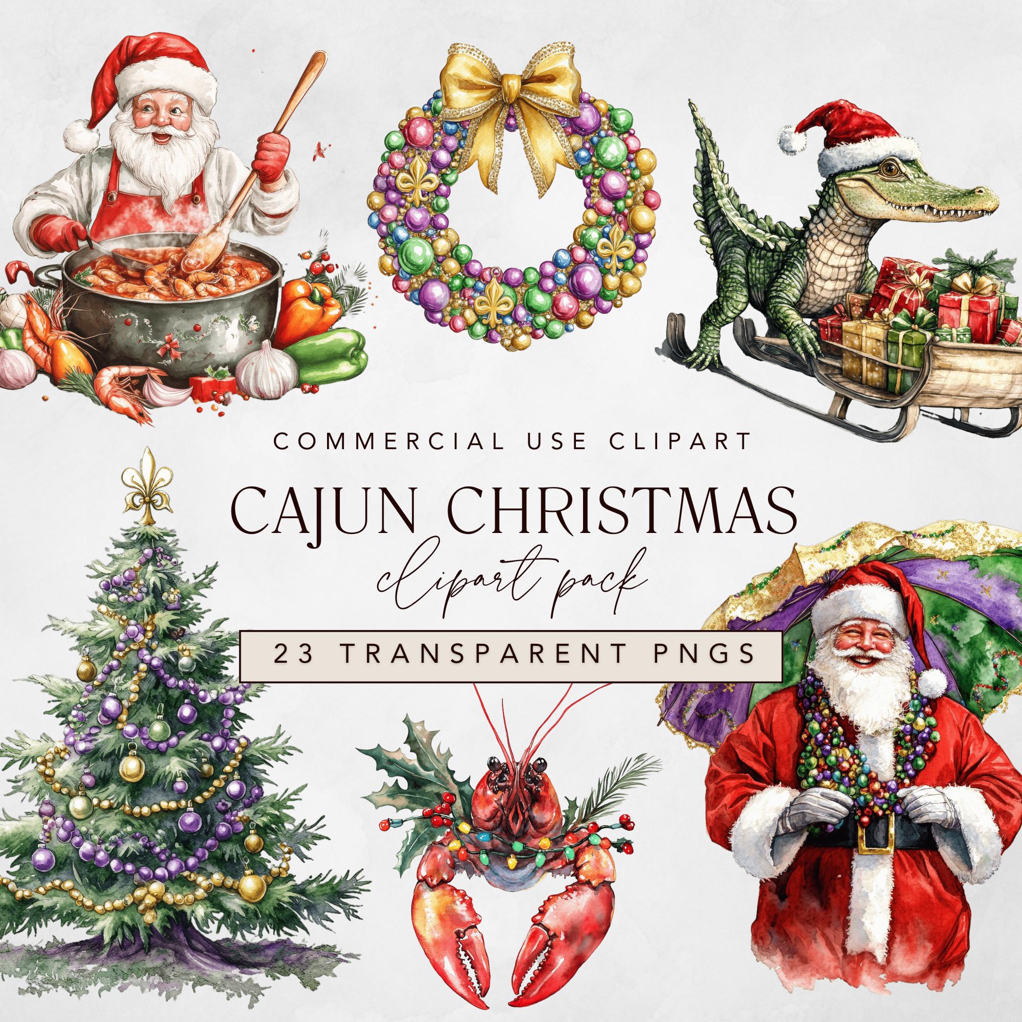 Cajun Christmas Clipart, Watercolor Cajun Santa and Alligator Clip Art ...