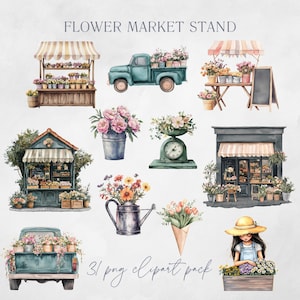 Flower Market Clipart: Watercolor Florist Stand, Spring Blooms (PNG ...