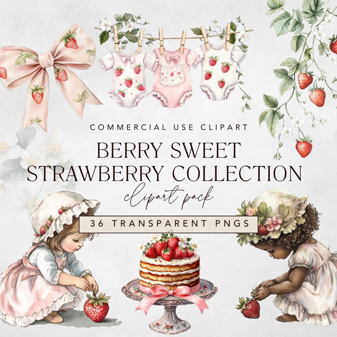 Berry Sweet Baby Shower Clipart W/ Strawberry Girl + Babies, Coquette ...