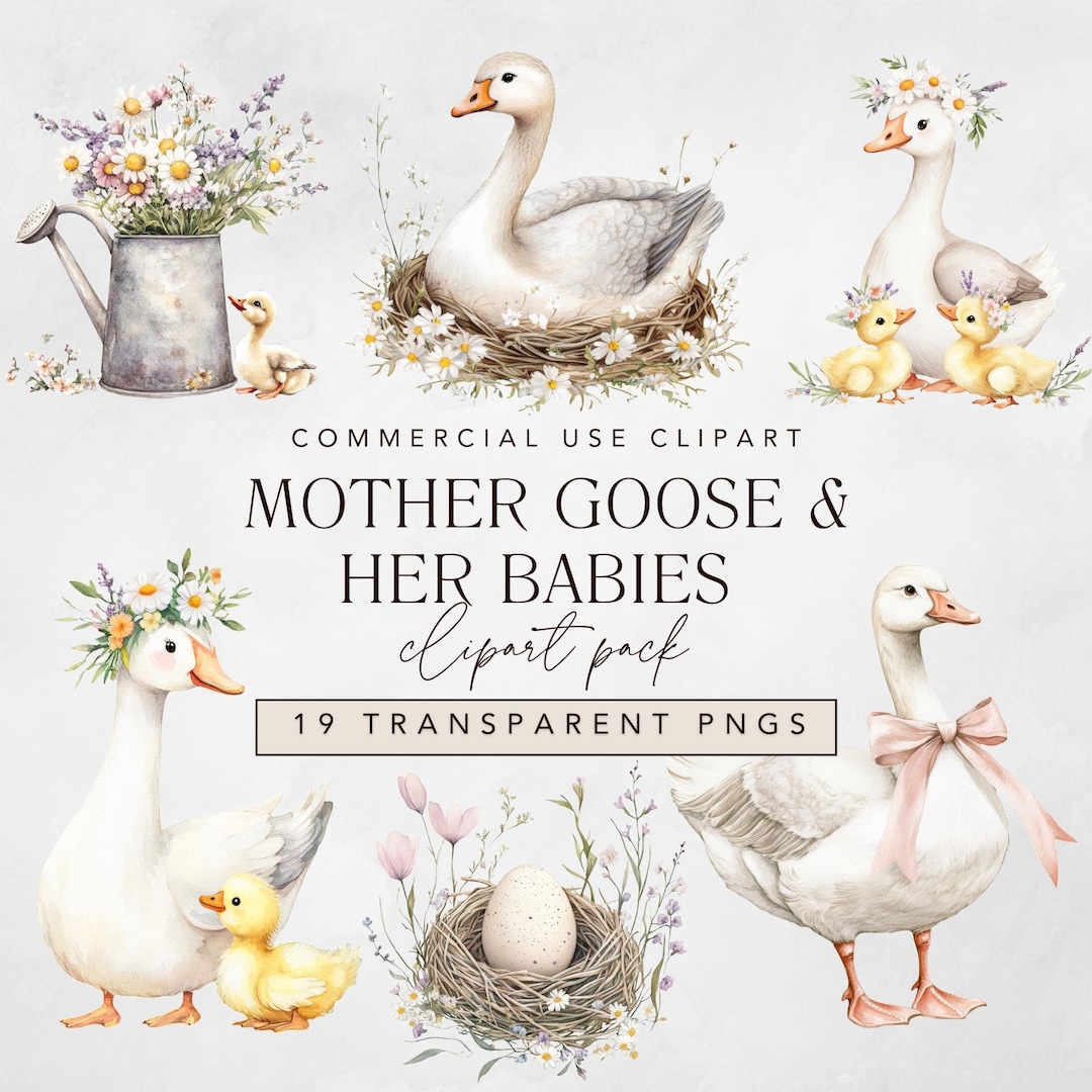 Mother Goose Baby Shower Clipart, Cute Watercolor Baby Goose W/ Spring ...