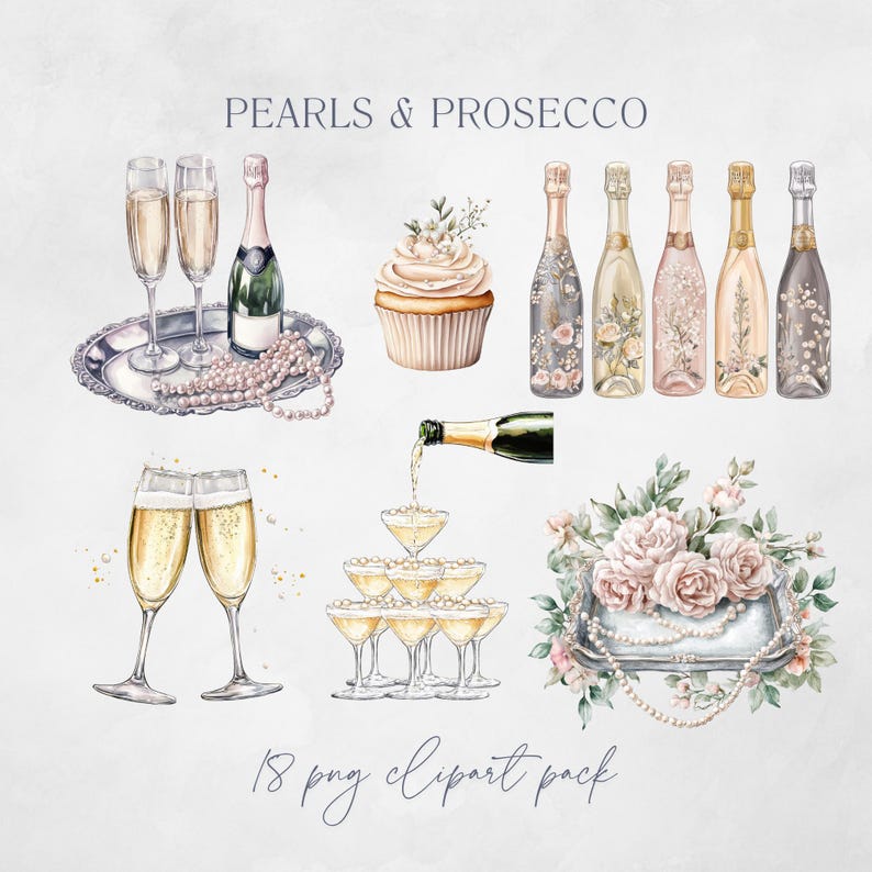 Pearls and Prosecco Clipart W/ Champagne Tower, Flute/glass, Floral ...