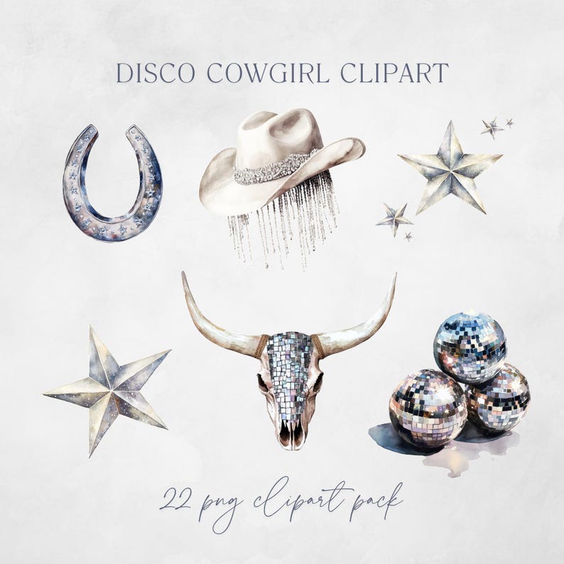 Disco Cowgirl Clipart, Watercolor Western Disco Ball Png for Cowgirl ...