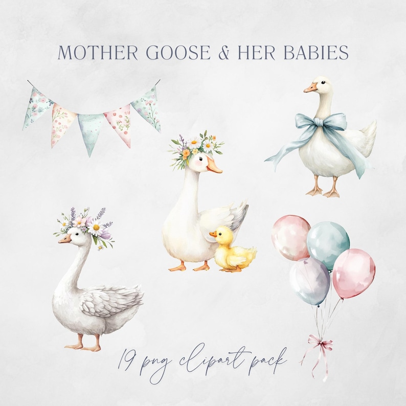 Mother Goose Baby Shower Clipart, Cute Watercolor Baby Goose W/ Spring ...