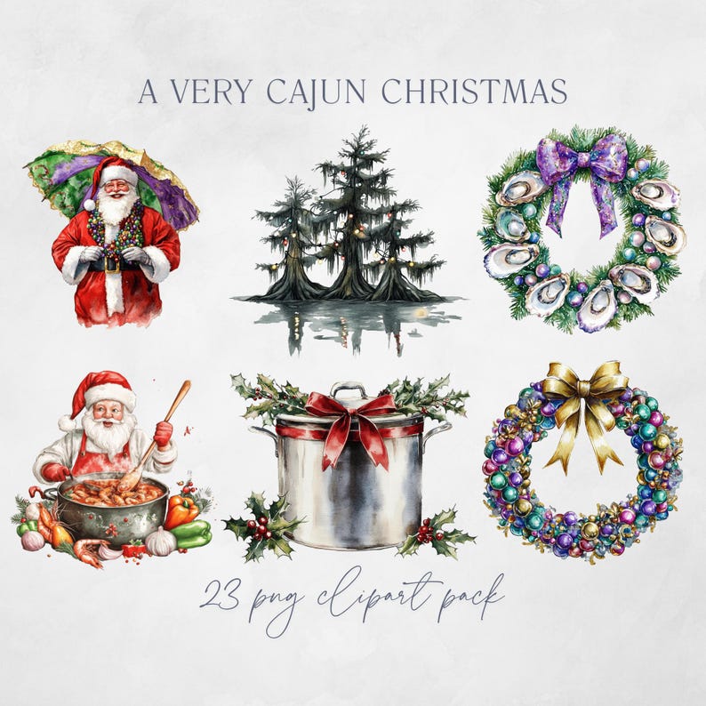 Cajun Christmas Clipart, Watercolor Cajun Santa and Alligator Clip Art ...