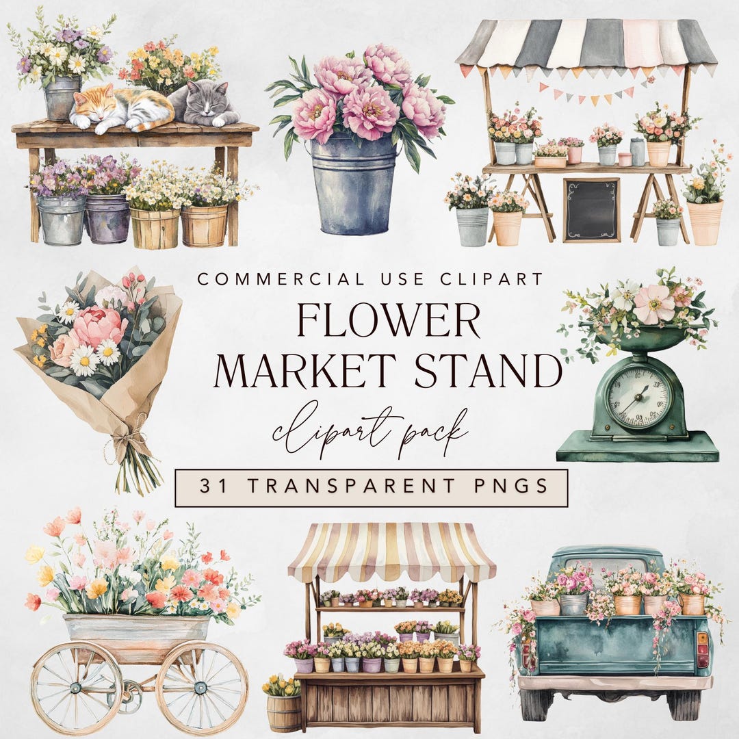 Flower Market Clipart: Watercolor Florist Stand, Spring Blooms (PNG ...