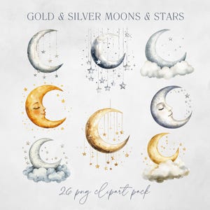 Over the Moon Clipart, Watercolor Crescent Moon and Star Png Bundle ...