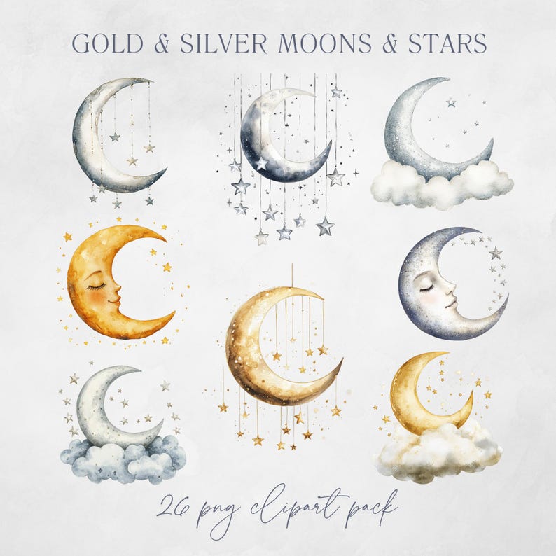 Over the Moon Clipart, Watercolor Crescent Moon and Star Png Bundle ...