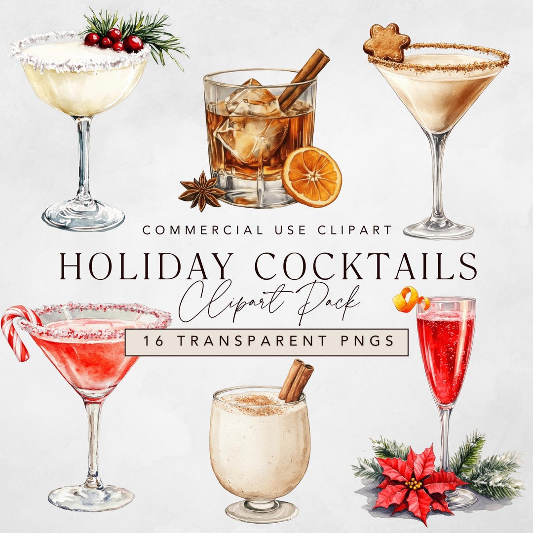 Christmas Cocktail Clipart, Watercolor Holiday Cocktails + Winter Drink ...