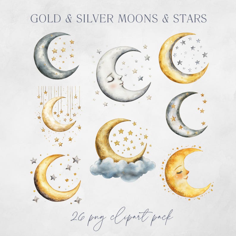 Over the Moon Clipart, Watercolor Crescent Moon and Star Png Bundle ...
