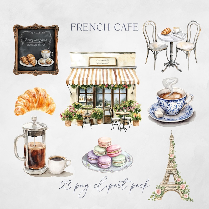 French Cafe Clipart, Parisian Patisserie, Coffee Shop + Watercolor ...