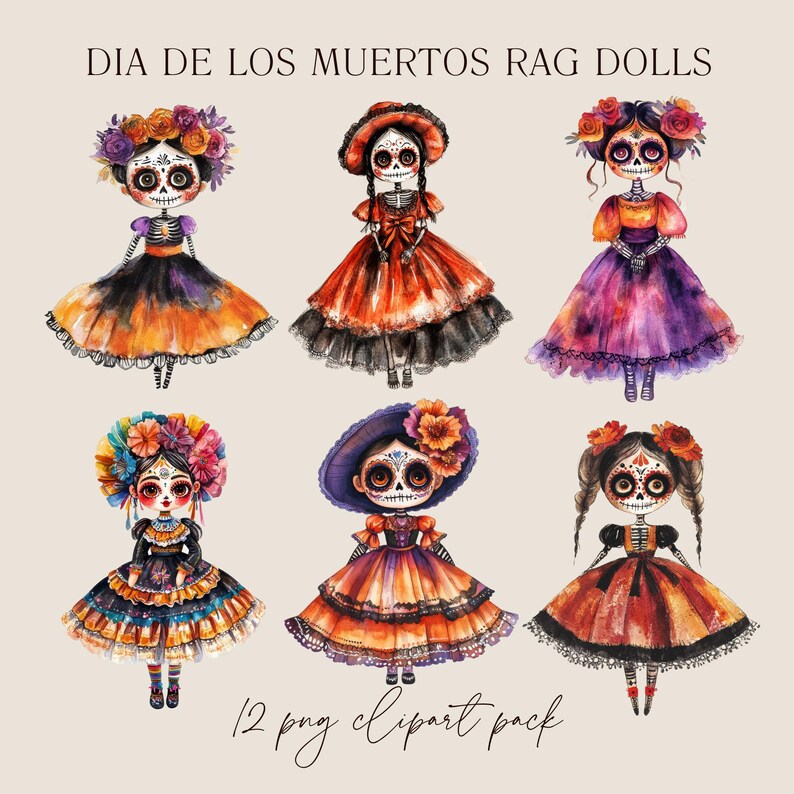 Dia De Los Muertos Rag Doll Clipart Bundle, Halloween Png, Day of the ...