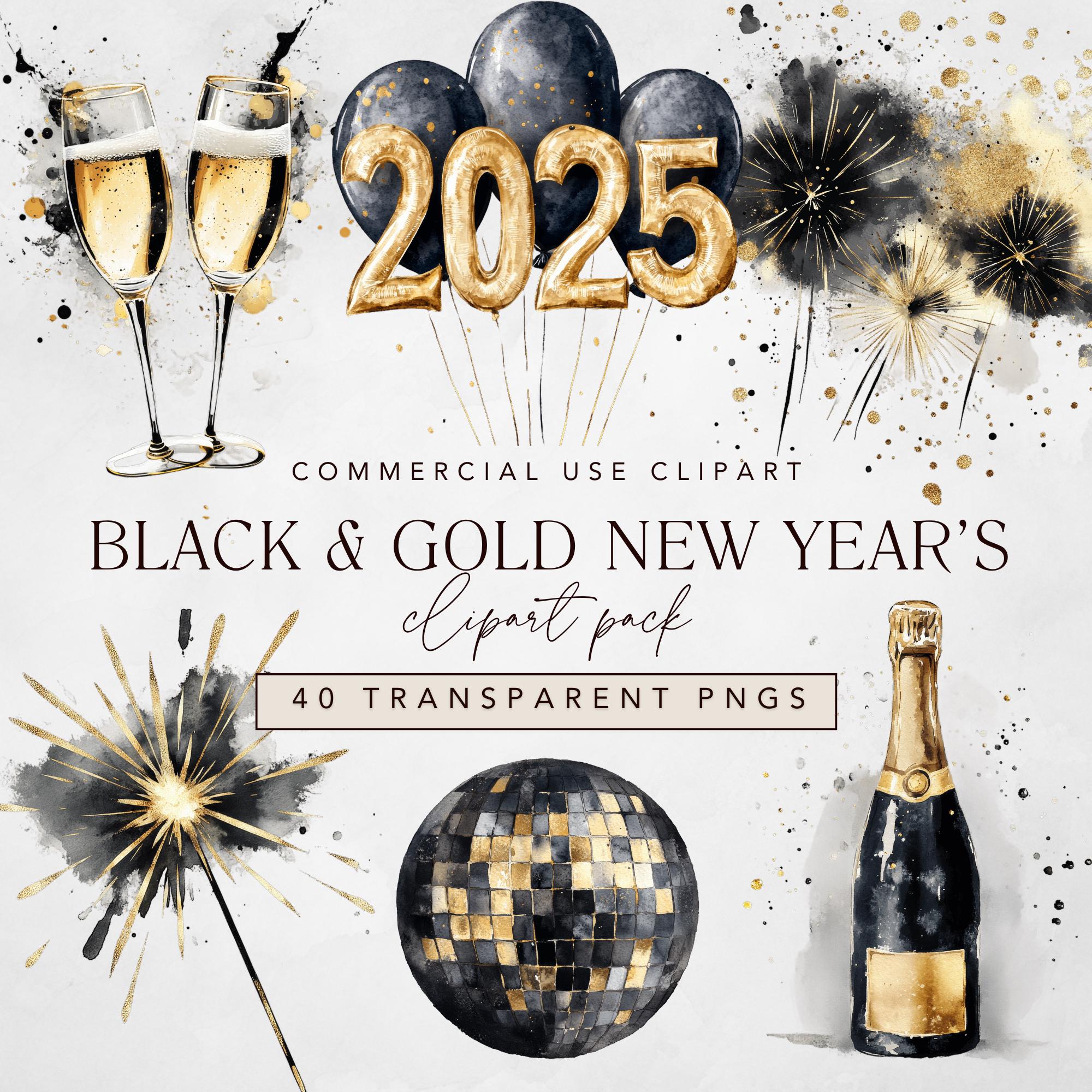 Happy New Year Clipart Black and Gold 2025, Watercolor New Years Eve ...
