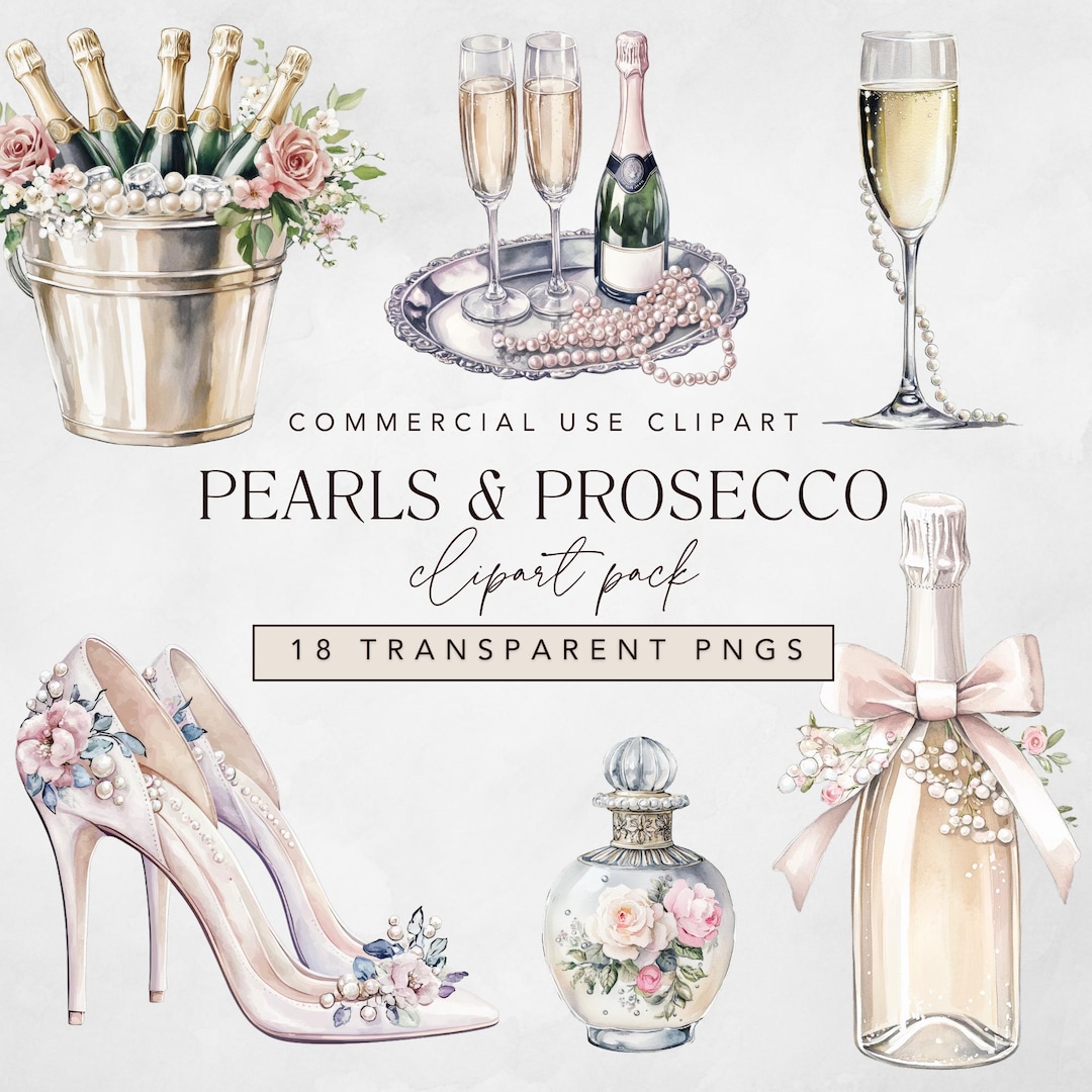 Pearls and Prosecco Clipart W/ Champagne Tower, Flute/glass, Floral ...