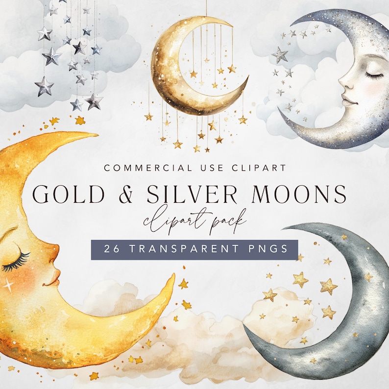 Over the Moon Clipart, Watercolor Crescent Moon and Star Png Bundle ...